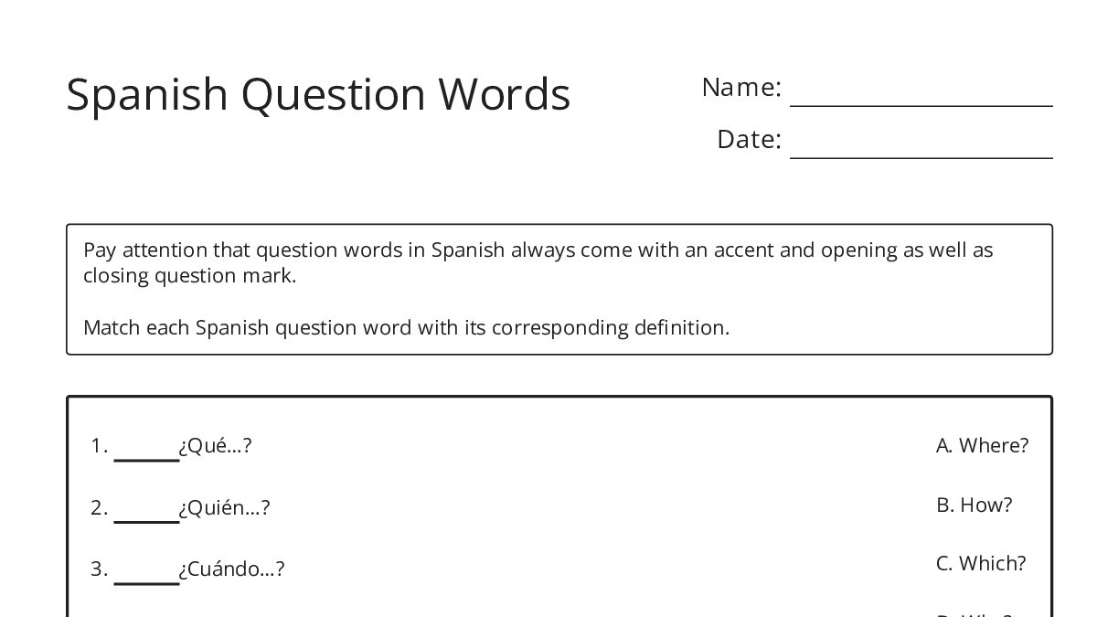 Spanish Question Words - My Worksheet Maker: Create Your Own Worksheets