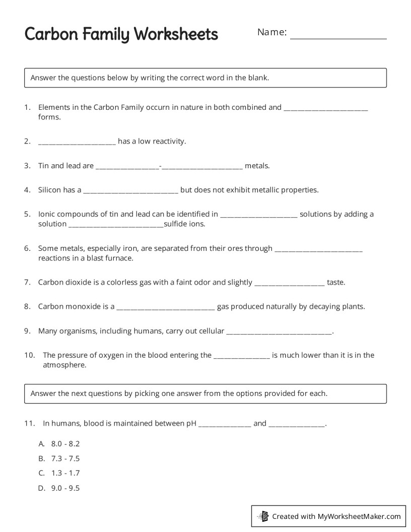 Carbon Family Worksheets﻿﻿﻿ - My Worksheet Maker: Create Your Own ...