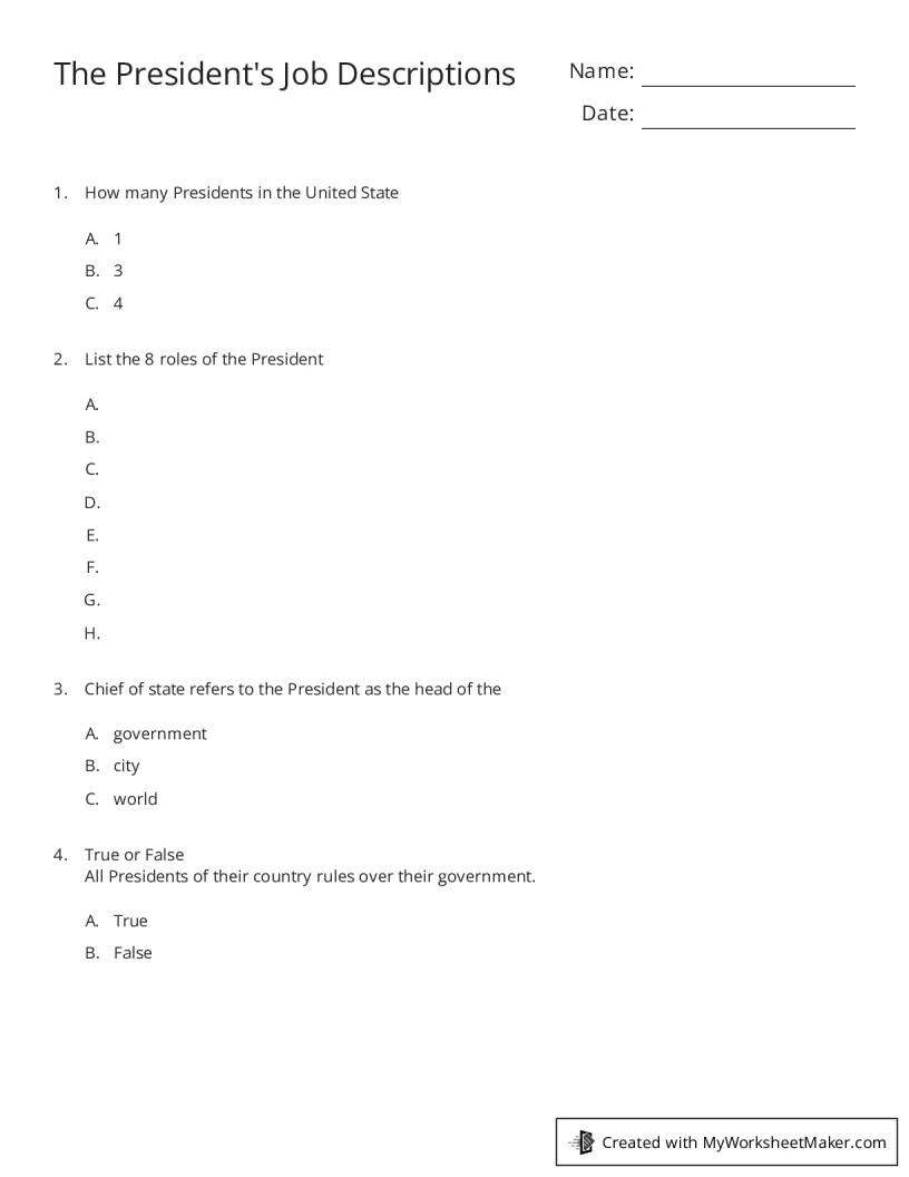 The President's Job Descriptions - My Worksheet Maker: Create Your Own ...