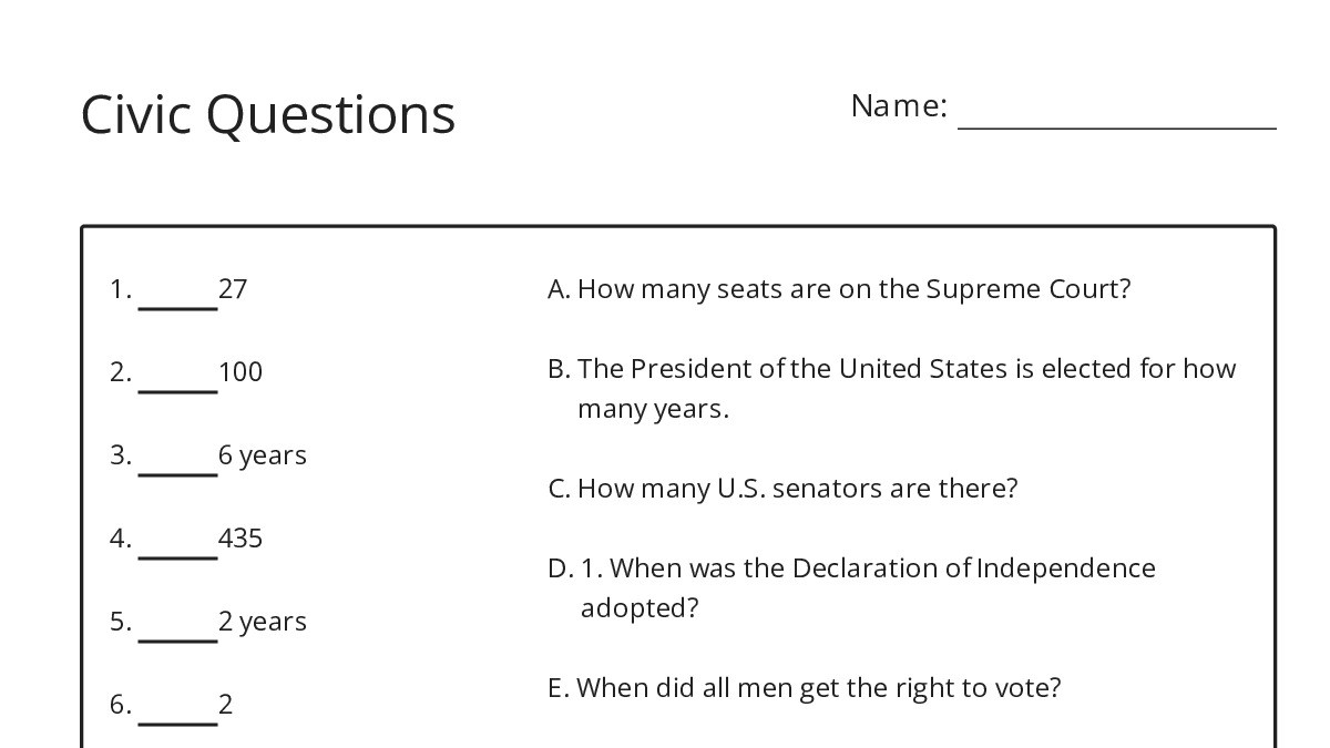 Civic Questions - My Worksheet Maker: Create Your Own Worksheets