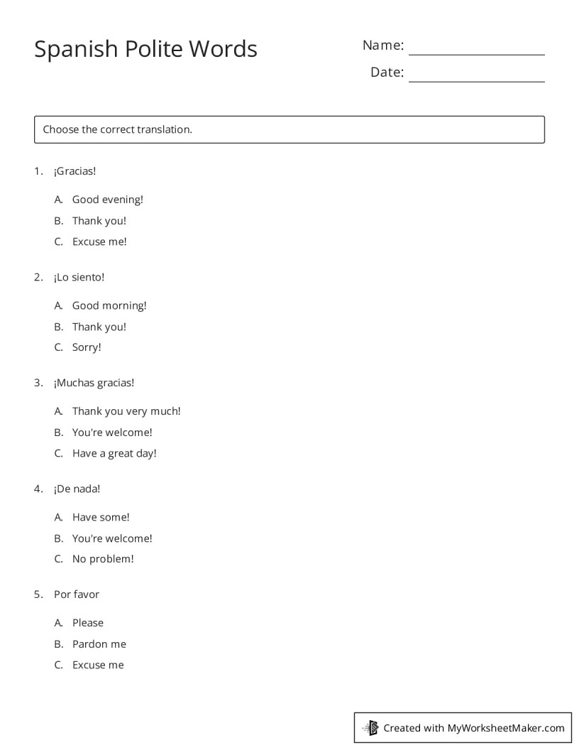 Spanish Polite Words - My Worksheet Maker: Create Your Own Worksheets