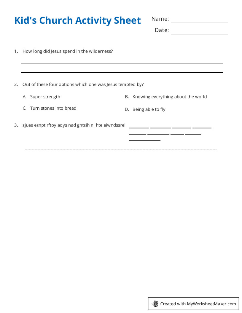 Kid's Church Activity Sheet - My Worksheet Maker: Create Your Own ...