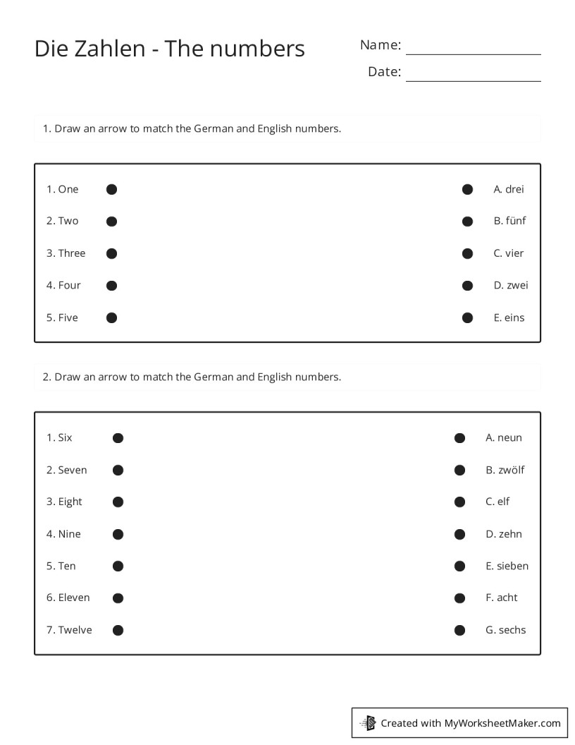 Die Zahlen - The numbers - My Worksheet Maker: Create Your Own Worksheets