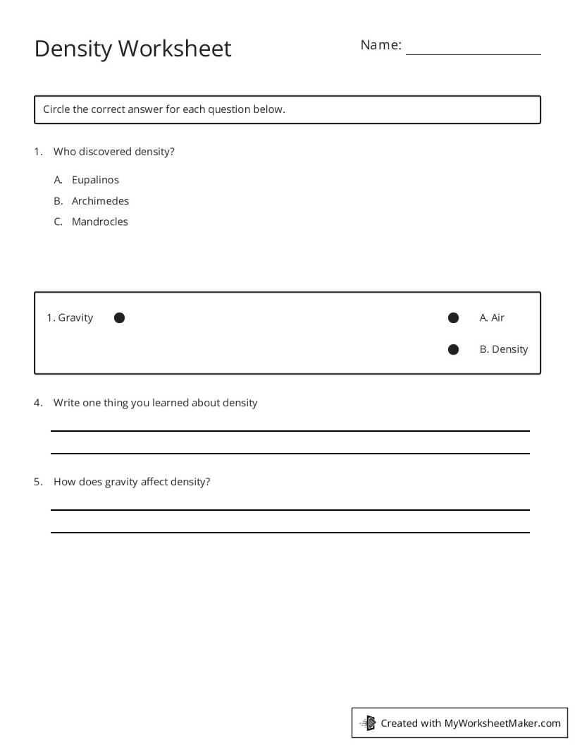 Density Worksheet - My Worksheet Maker: Create Your Own Worksheets