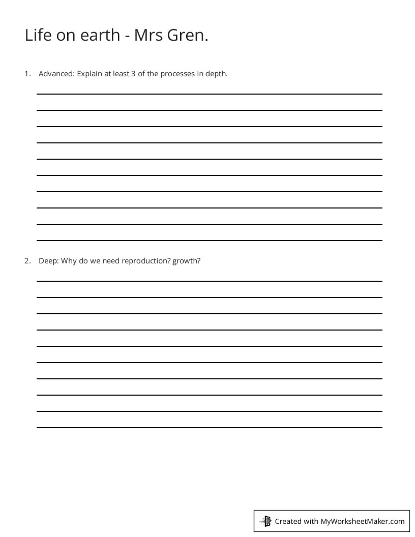 Life on earth - Mrs Gren. - My Worksheet Maker: Create Your Own Worksheets