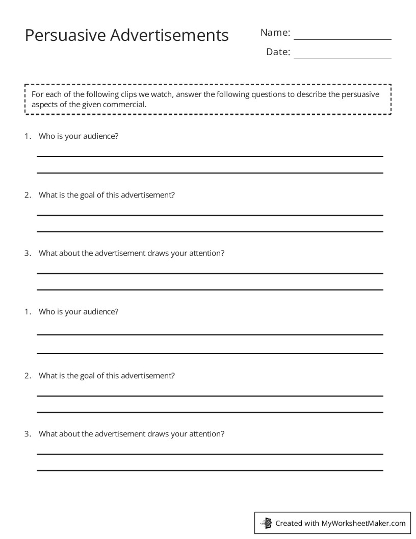 Persuasive Advertisements - My Worksheet Maker: Create Your Own Worksheets