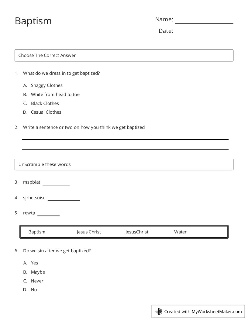 Baptism - My Worksheet Maker: Create Your Own Worksheets