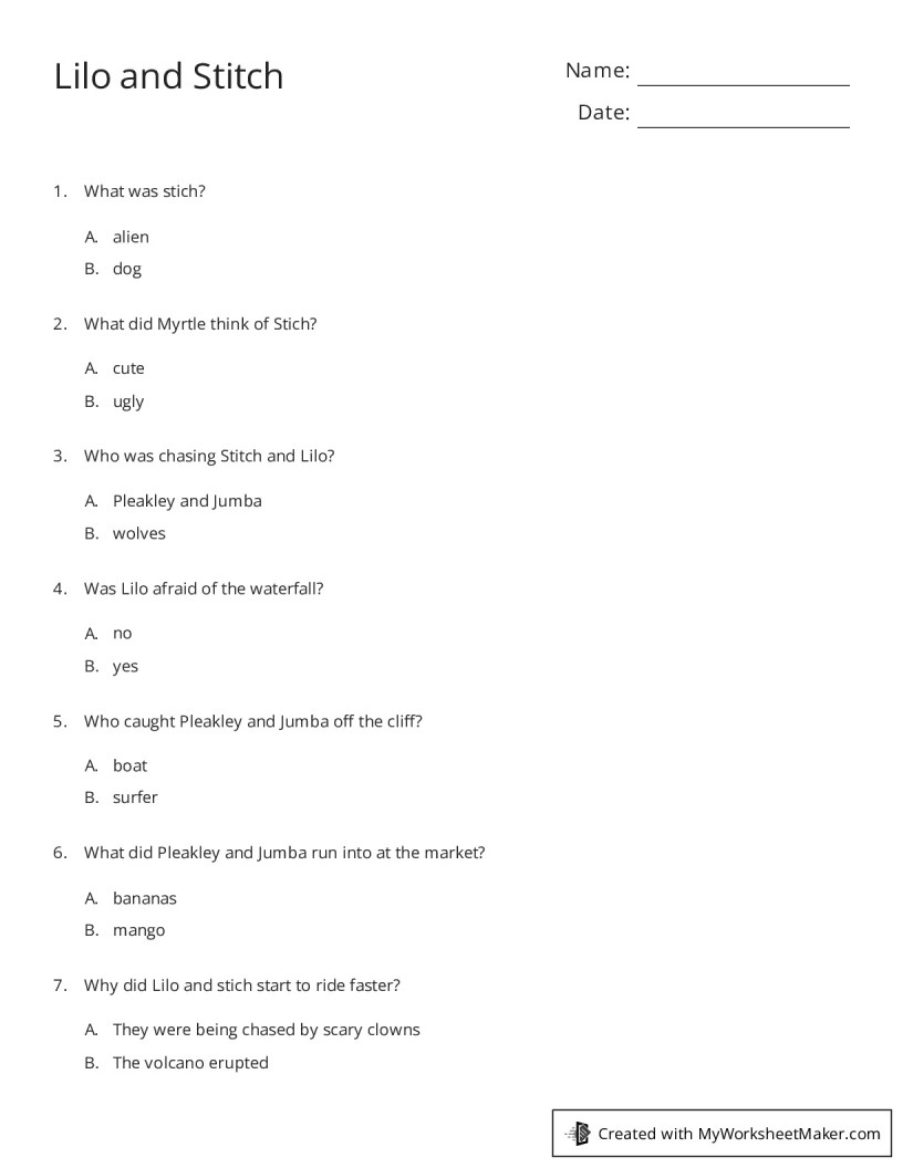Lilo and Stitch - My Worksheet Maker: Create Your Own Worksheets