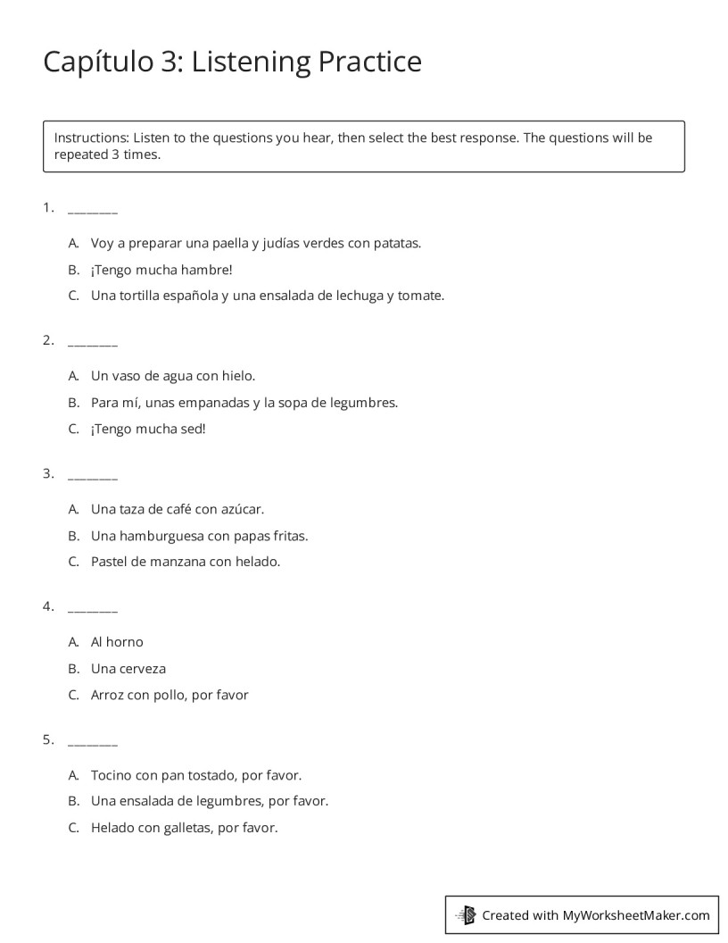 Capítulo 3: Listening Practice - My Worksheet Maker: Create Your Own ...