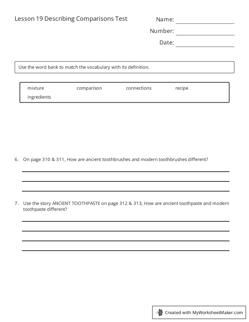 Lesson 19 Describing Comparisons Test - My Worksheet Maker: Create Your ...