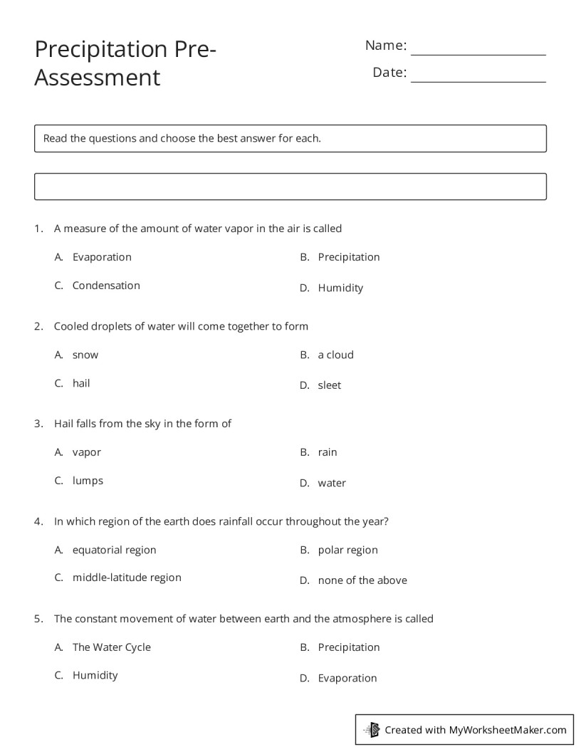 Precipitation Pre-Assessment - My Worksheet Maker: Create Your Own ...