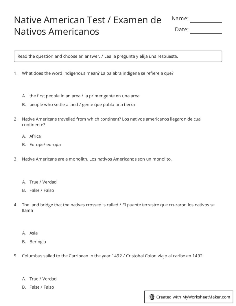 Native American Test / Examen de Nativos Americanos - My Worksheet ...
