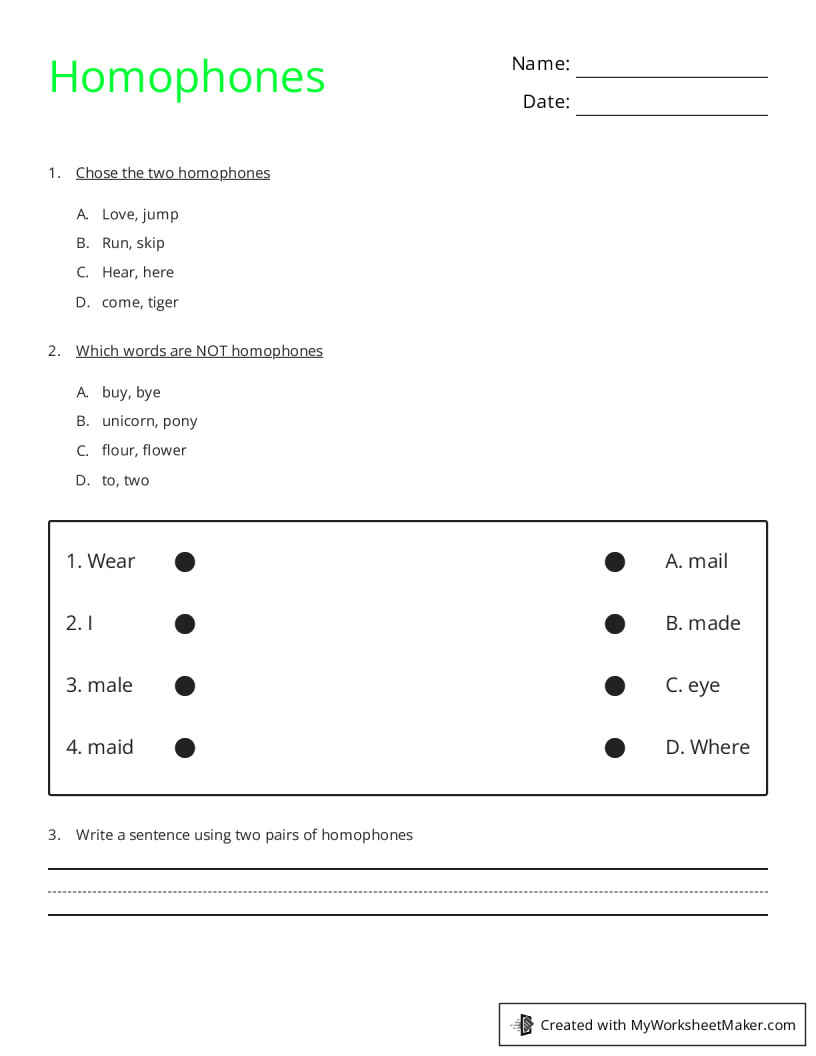Homophones - My Worksheet Maker: Create Your Own Worksheets