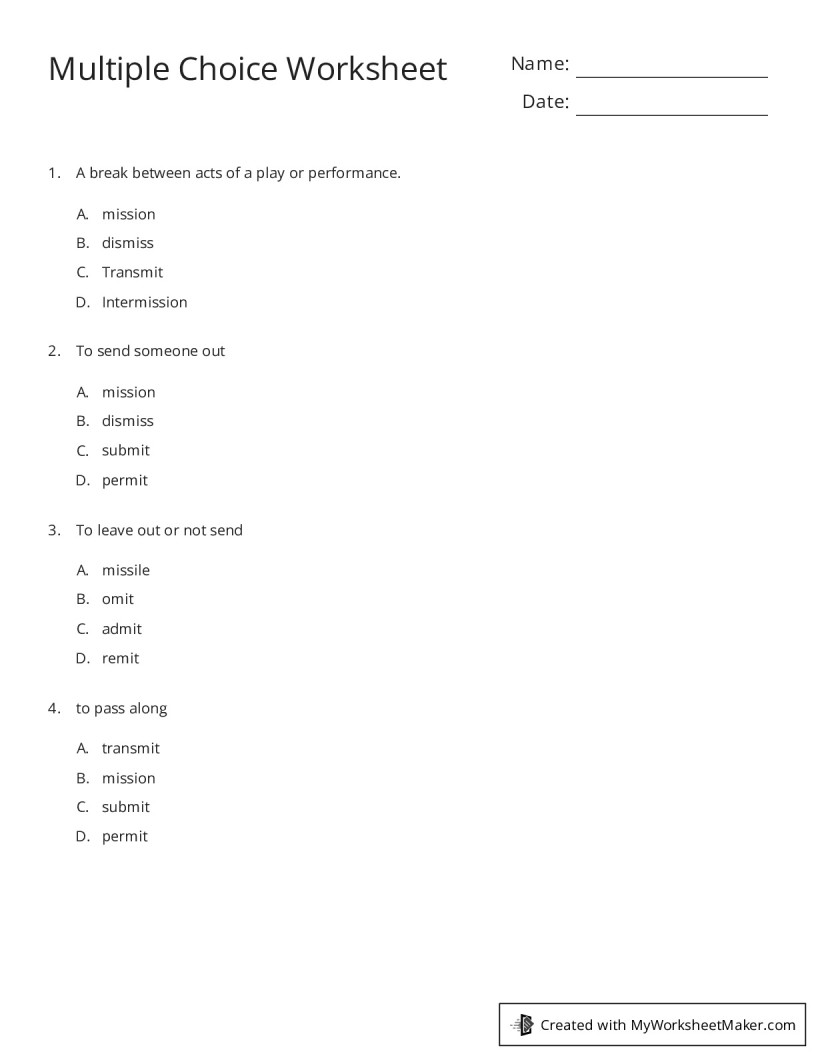Multiple Choice Worksheet - My Worksheet Maker: Create Your Own Worksheets