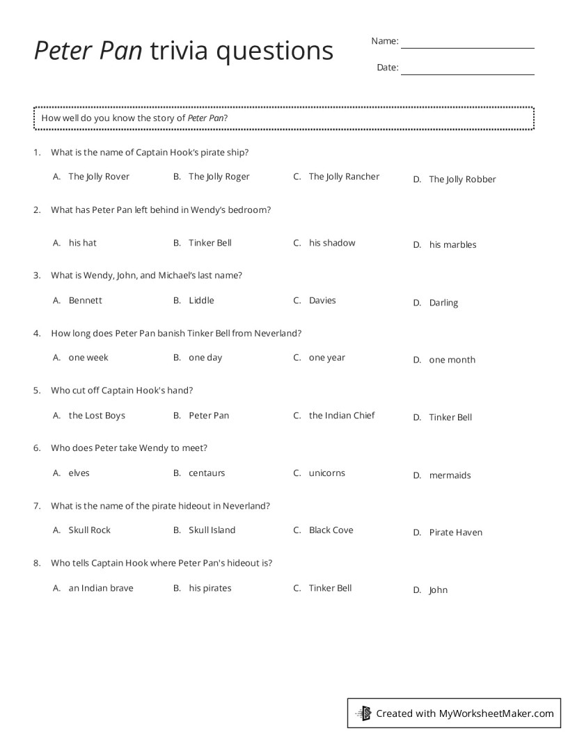 Peter Pan trivia questions - My Worksheet Maker: Create Your Own Worksheets