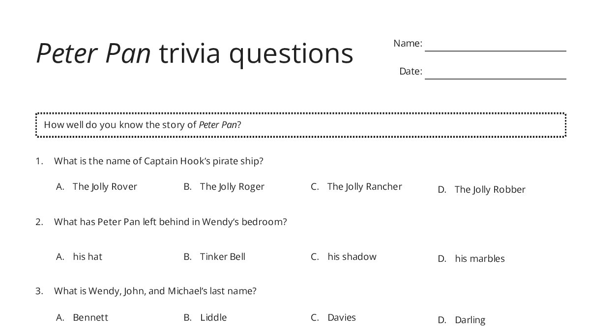 Peter Pan trivia questions - My Worksheet Maker: Create Your Own Worksheets