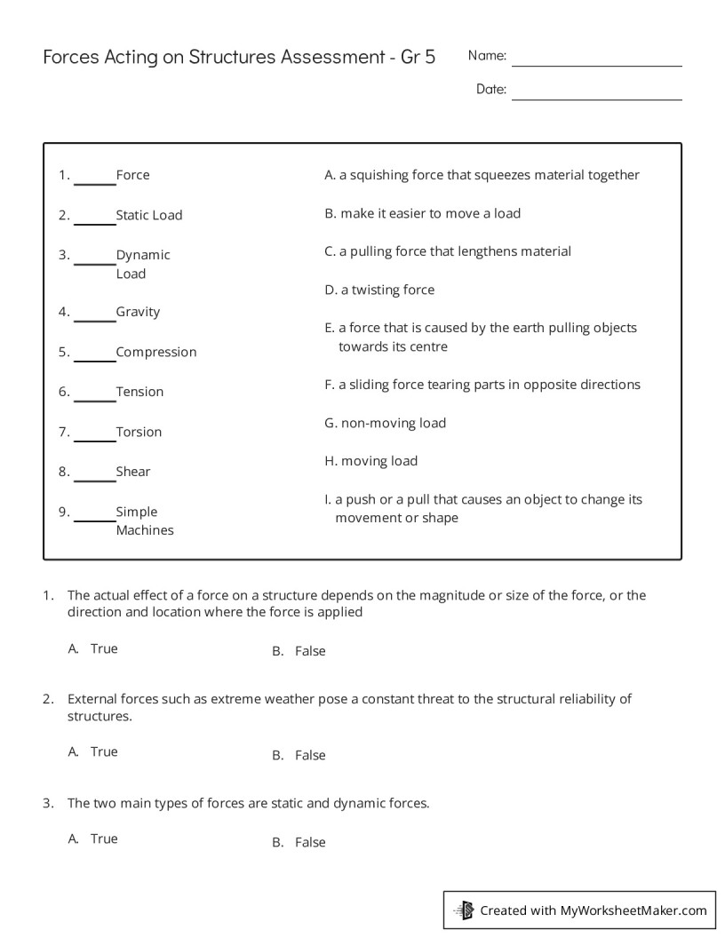Forces Acting on Structures Assessment - Gr 5 - My Worksheet Maker ...
