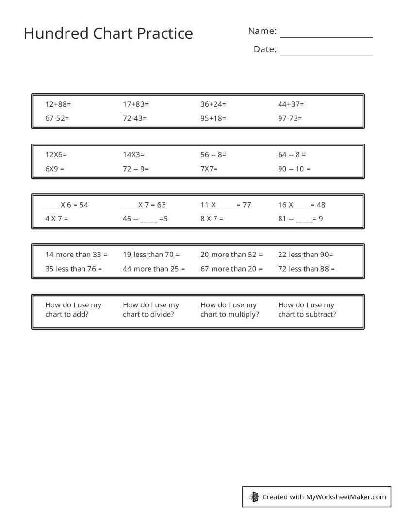 Hundred Chart Practice - My Worksheet Maker: Create Your Own Worksheets