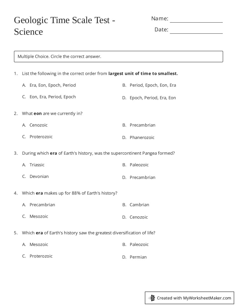 Geologic Time Scale Test - Science - My Worksheet Maker: Create Your ...