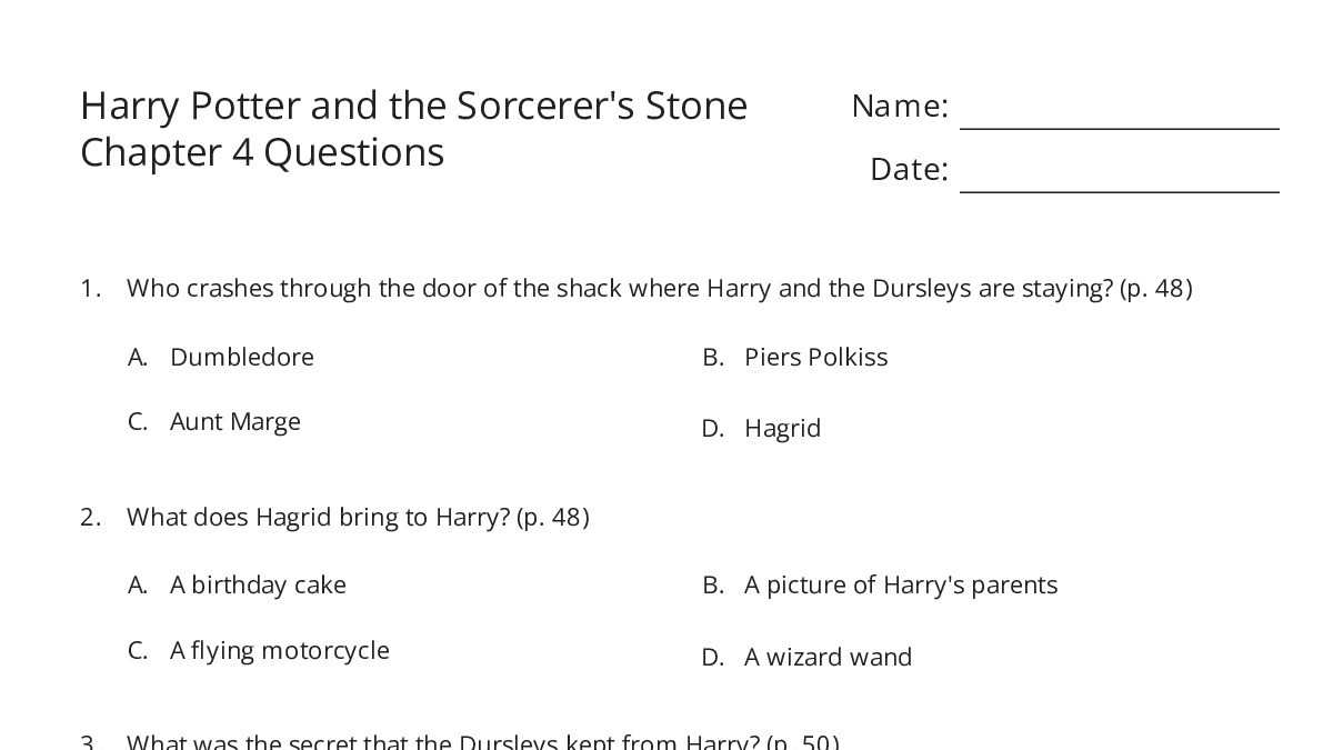 Harry Potter and the Sorcerer's Stone Chapter 4 Questions - My ...