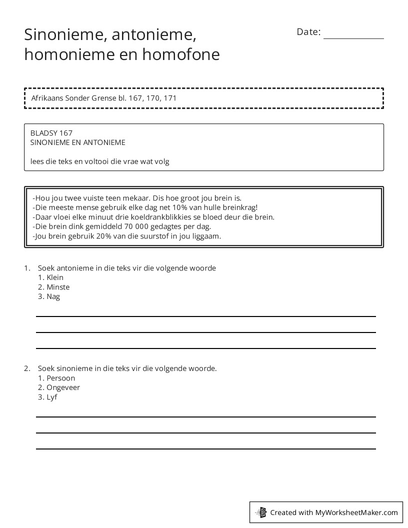 Sinonieme, antonieme, homonieme en homofone - My Worksheet Maker ...