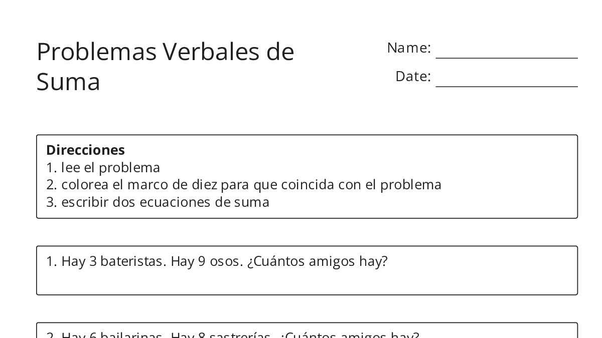 Problemas Verbales de Suma - My Worksheet Maker: Create Your Own Worksheets
