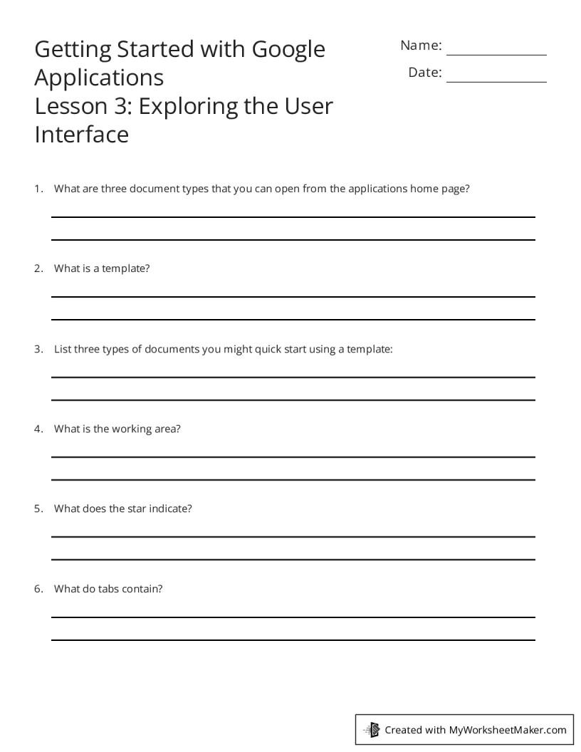 Getting Started with Google ApplicationsLesson 3: Exploring the User Interface - My Worksheet ...
