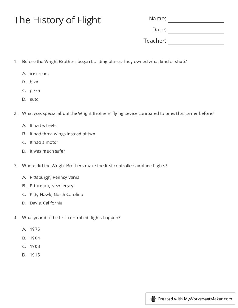 The History of Flight - My Worksheet Maker: Create Your Own Worksheets