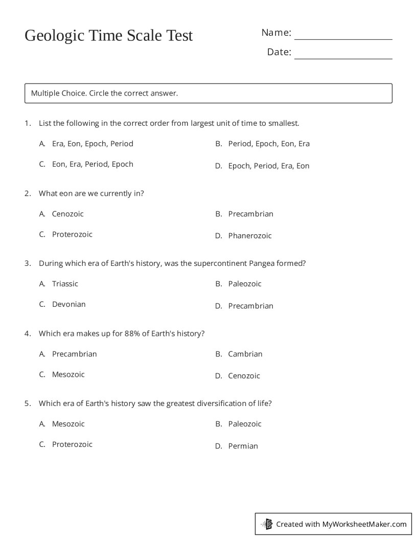 Geologic Time Scale Test - My Worksheet Maker: Create Your Own Worksheets