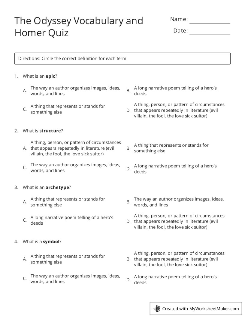The Odyssey Vocabulary and Homer Quiz - My Worksheet Maker: Create Your ...
