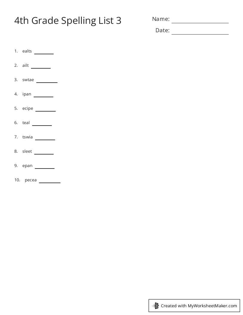4th Grade Spelling List 3 - My Worksheet Maker: Create Your Own Worksheets
