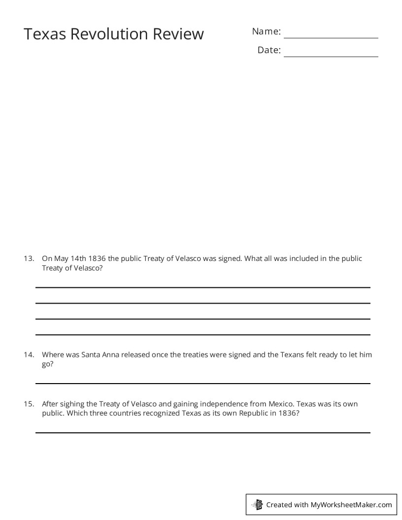 Texas Revolution Review - My Worksheet Maker: Create Your Own Worksheets
