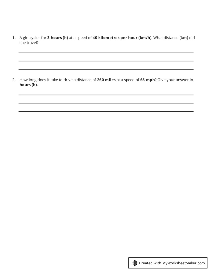 Speed, distance, and time calculations - My Worksheet Maker: Create ...