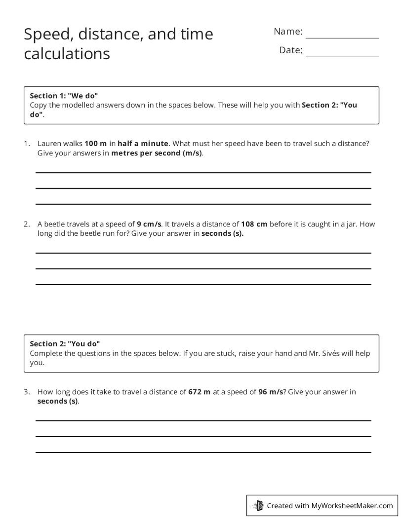 Speed, distance, and time calculations - My Worksheet Maker: Create ...