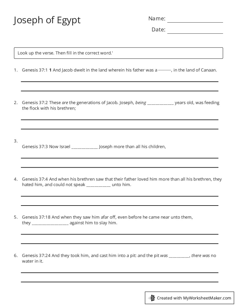 Joseph of Egypt - My Worksheet Maker: Create Your Own Worksheets