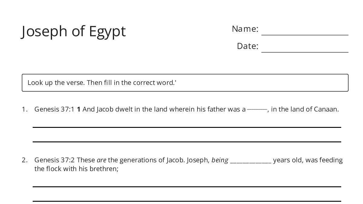Joseph of Egypt - My Worksheet Maker: Create Your Own Worksheets