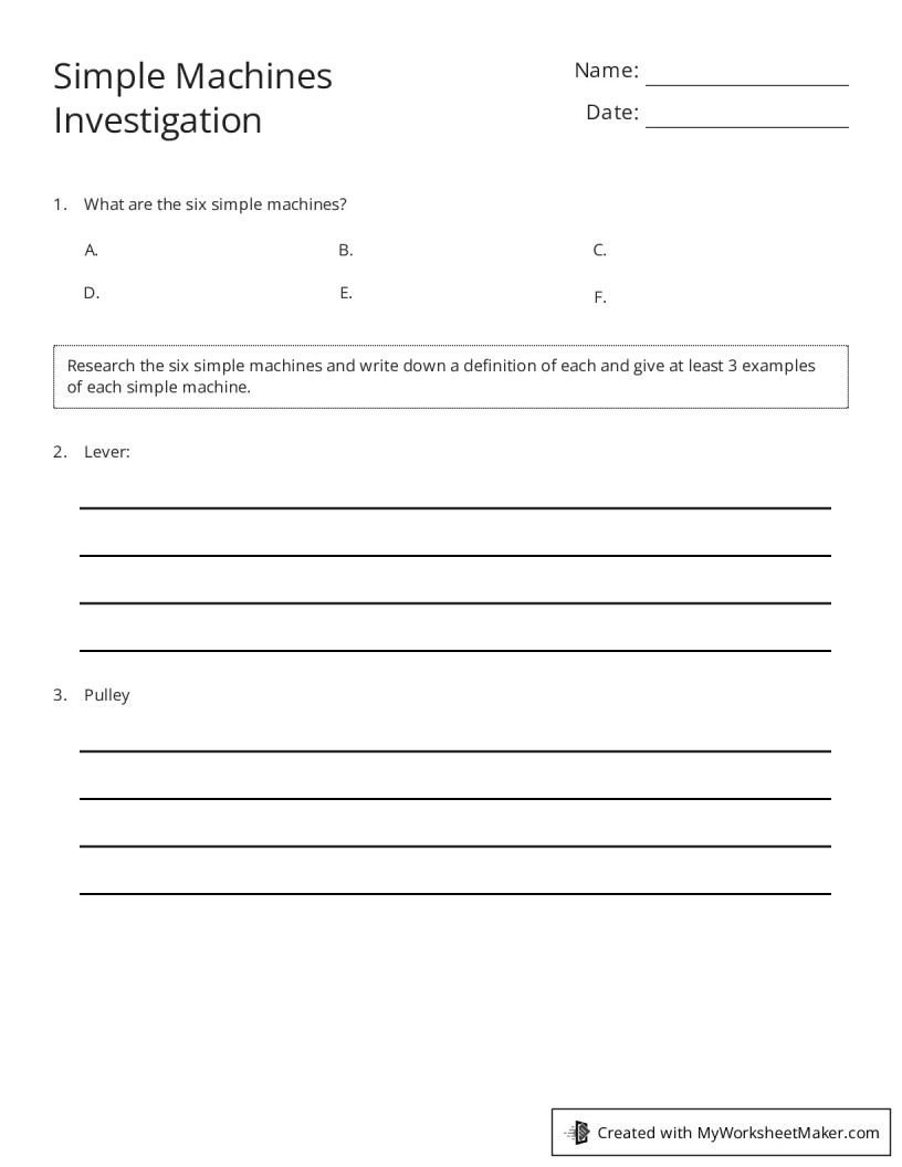 Simple Machines Investigation - My Worksheet Maker: Create Your Own ...