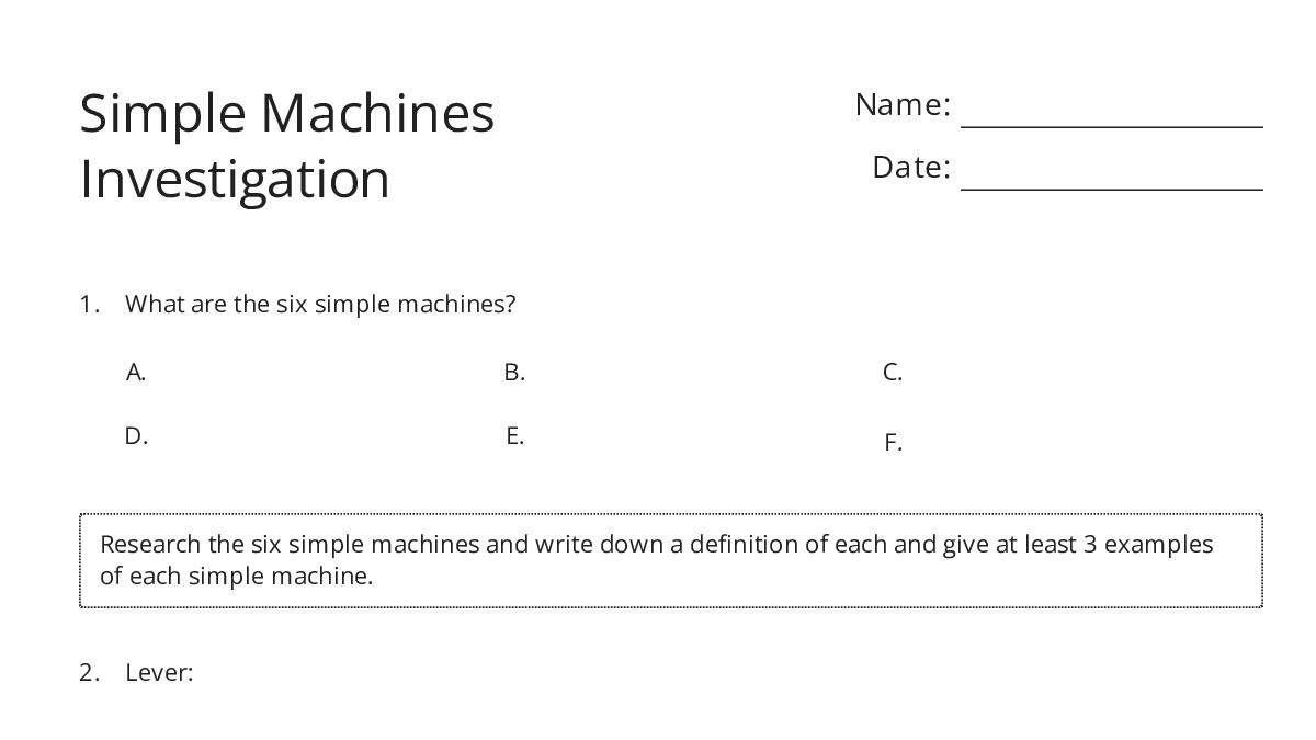 Simple Machines Investigation - My Worksheet Maker: Create Your Own ...