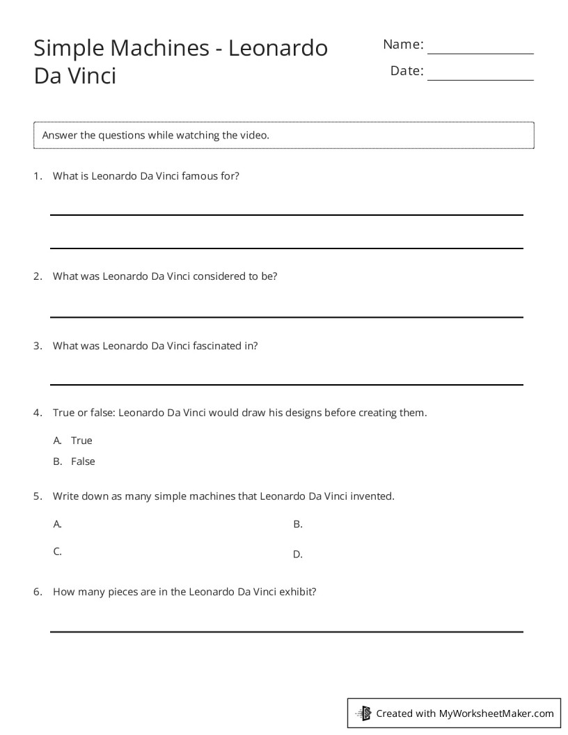Simple Machines - Leonardo Da Vinci - My Worksheet Maker: Create Your ...