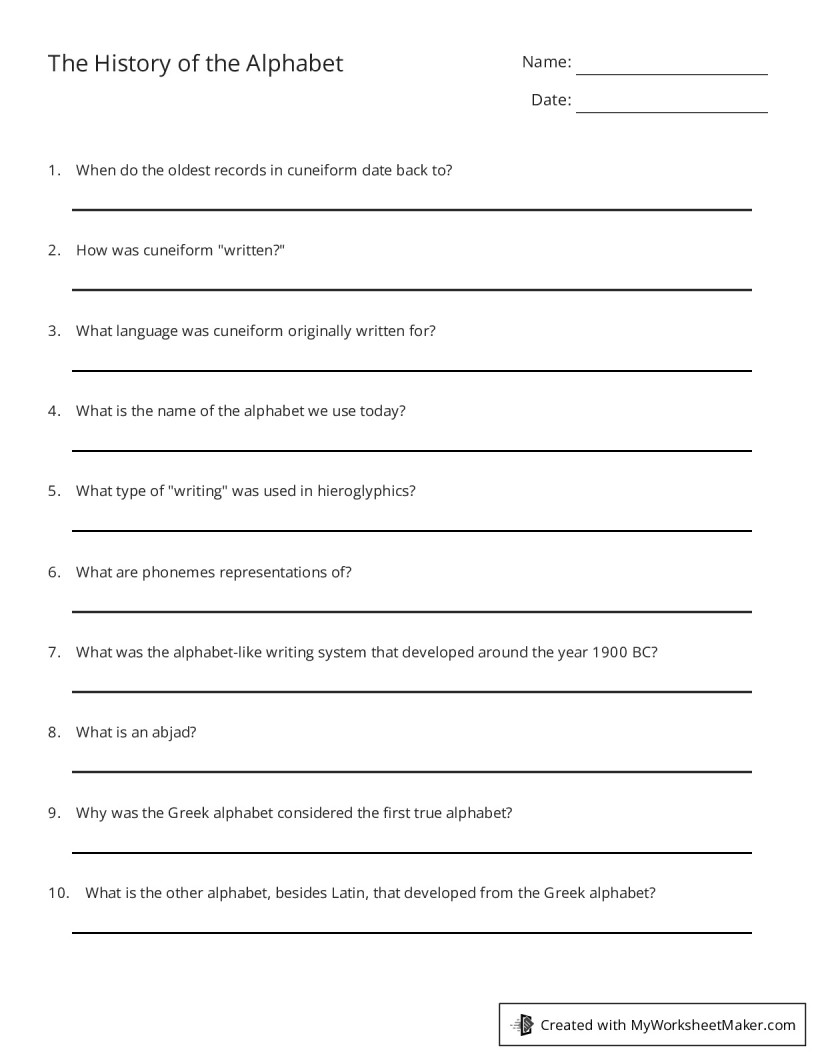 The History of the Alphabet - My Worksheet Maker: Create Your Own ...