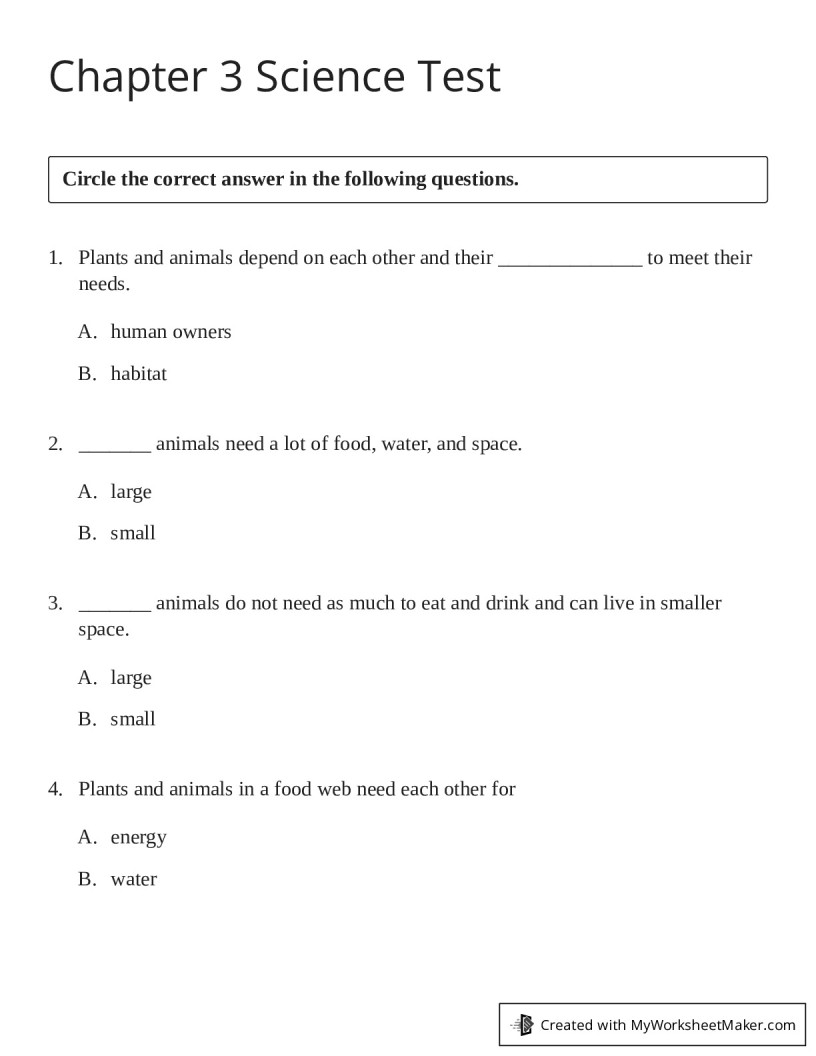 Chapter 3 Science Test - My Worksheet Maker: Create Your Own Worksheets