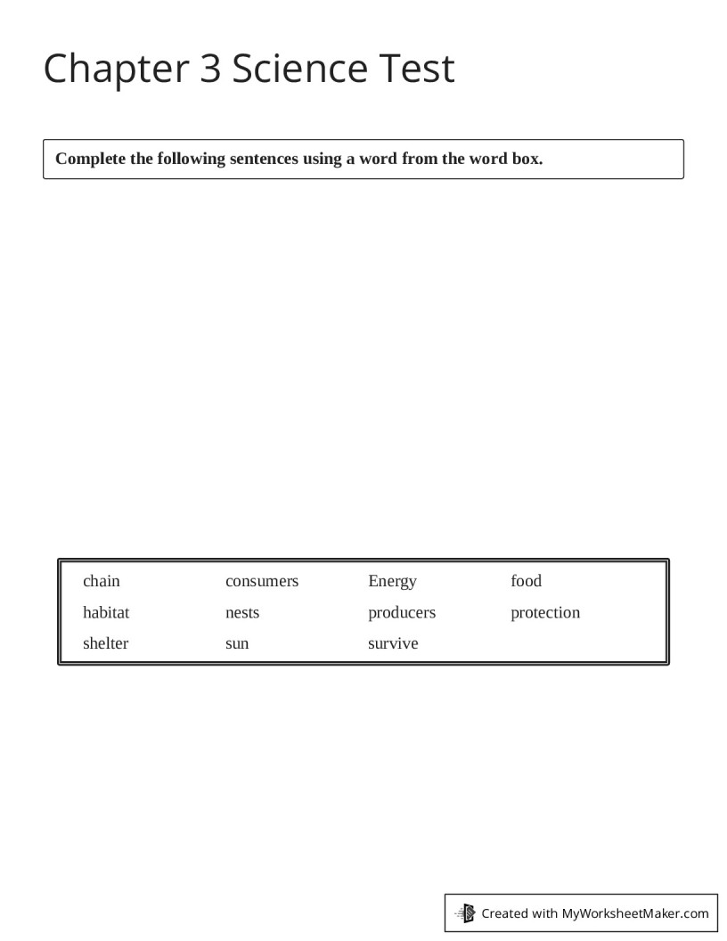 Chapter 3 Science Test - My Worksheet Maker: Create Your Own Worksheets