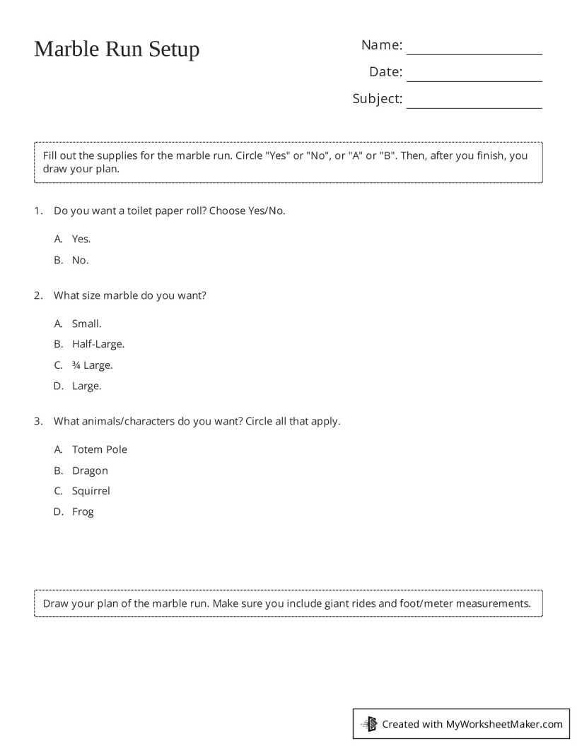 Marble Run Setup - My Worksheet Maker: Create Your Own Worksheets
