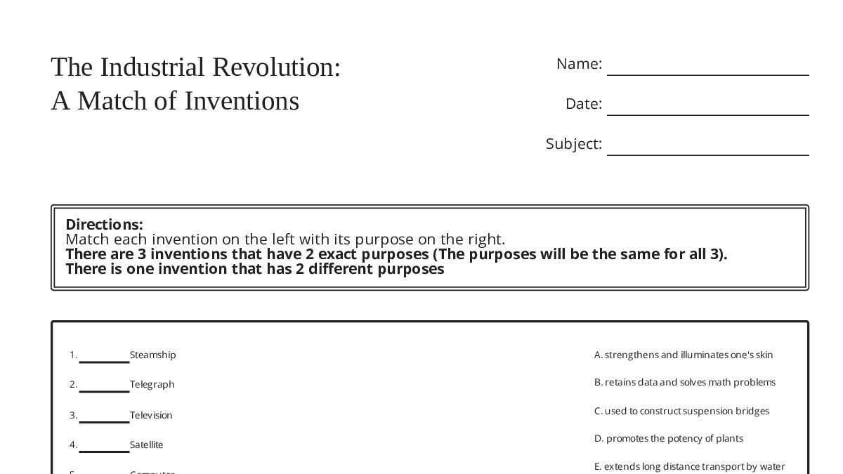 The Industrial Revolution: A Match of Inventions - My Worksheet Maker ...