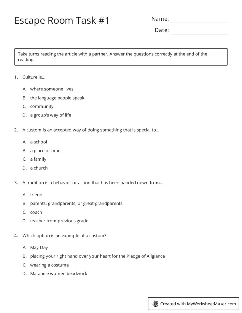 Escape Room Task #1 - My Worksheet Maker: Create Your Own Worksheets