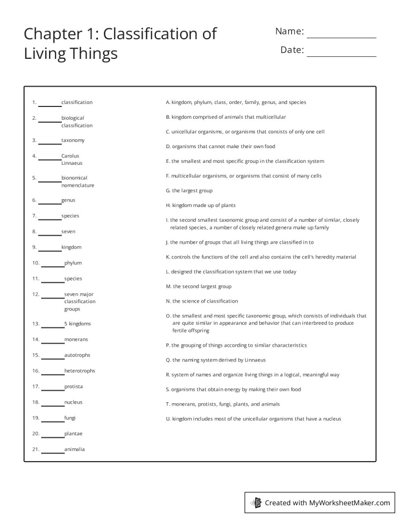 Chapter 1: Classification of Living Things - My Worksheet Maker: Create ...