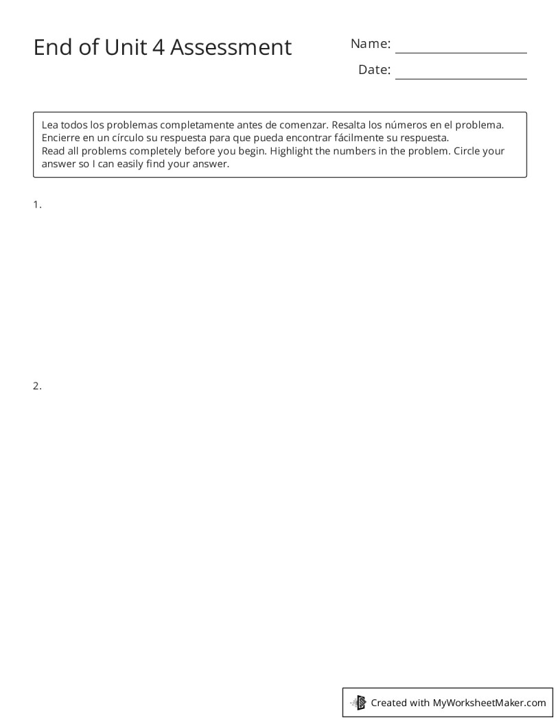 End of Unit 4 Assessment - My Worksheet Maker: Create Your Own Worksheets