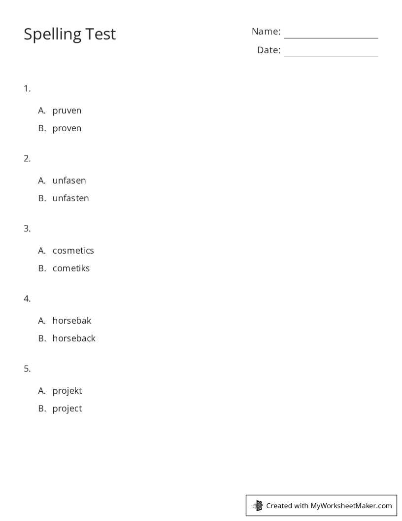 Spelling Test - My Worksheet Maker: Create Your Own Worksheets