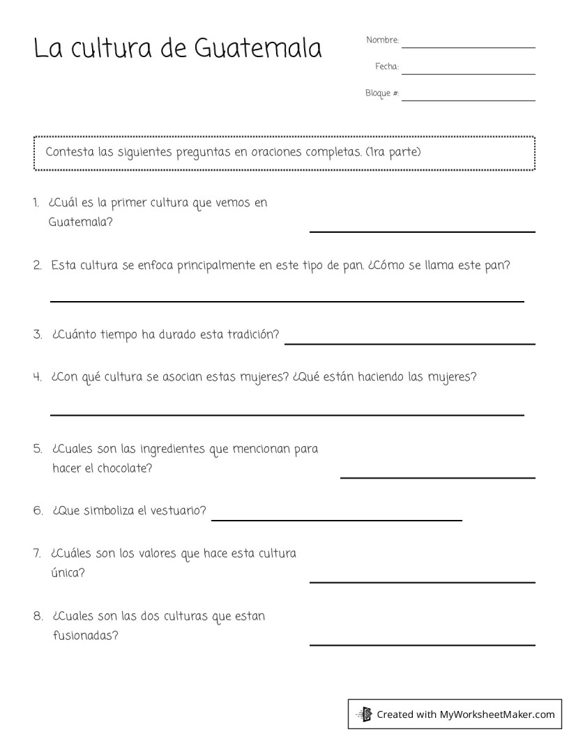 La cultura de Guatemala - My Worksheet Maker: Create Your Own Worksheets