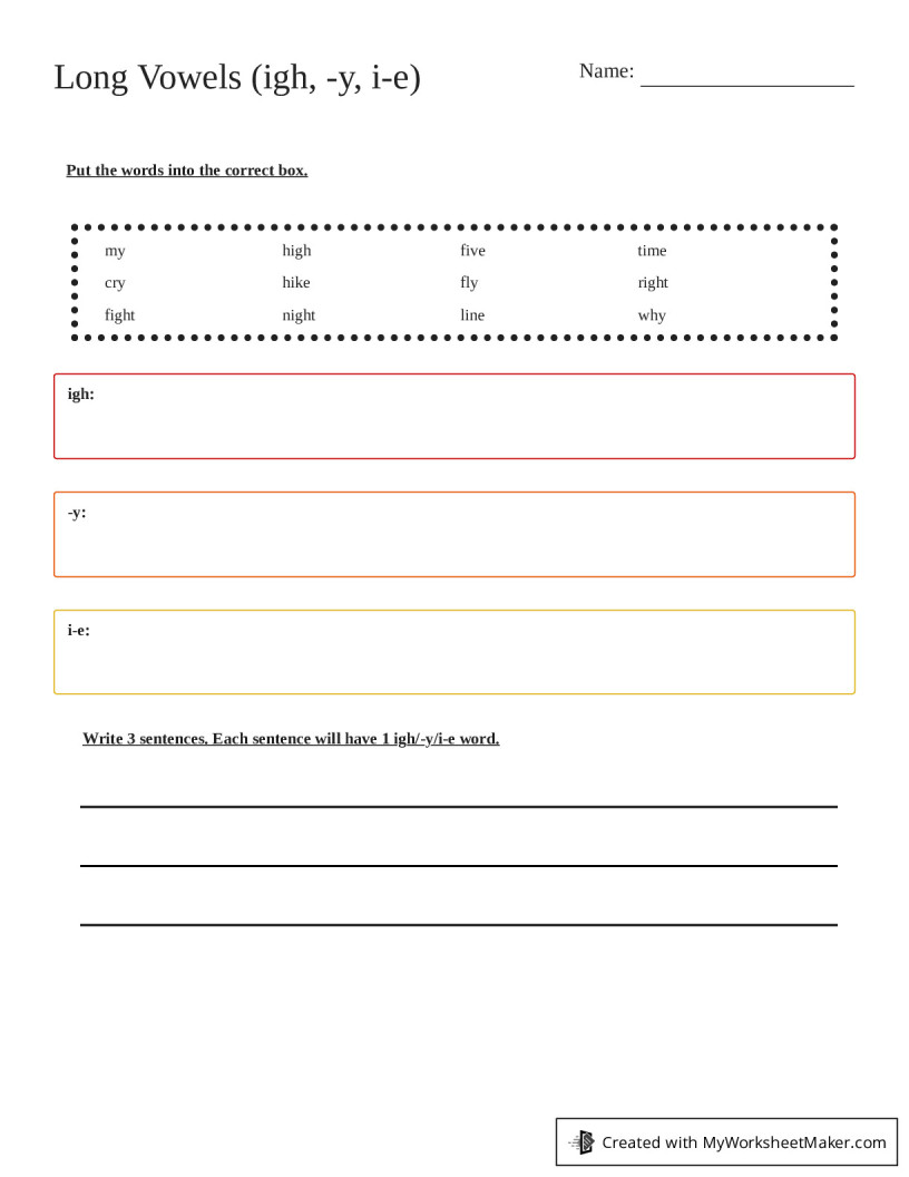 Long Vowels (igh, -y, i-e) - My Worksheet Maker: Create Your Own Worksheets